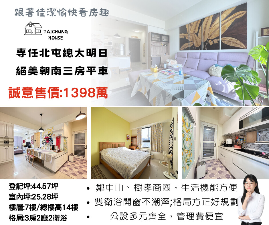 總太明日台中市北屯區太原路三段電梯大廈佳潔愉快 專任北屯總太明日朝南三房平車 房屋出售 樂屋網